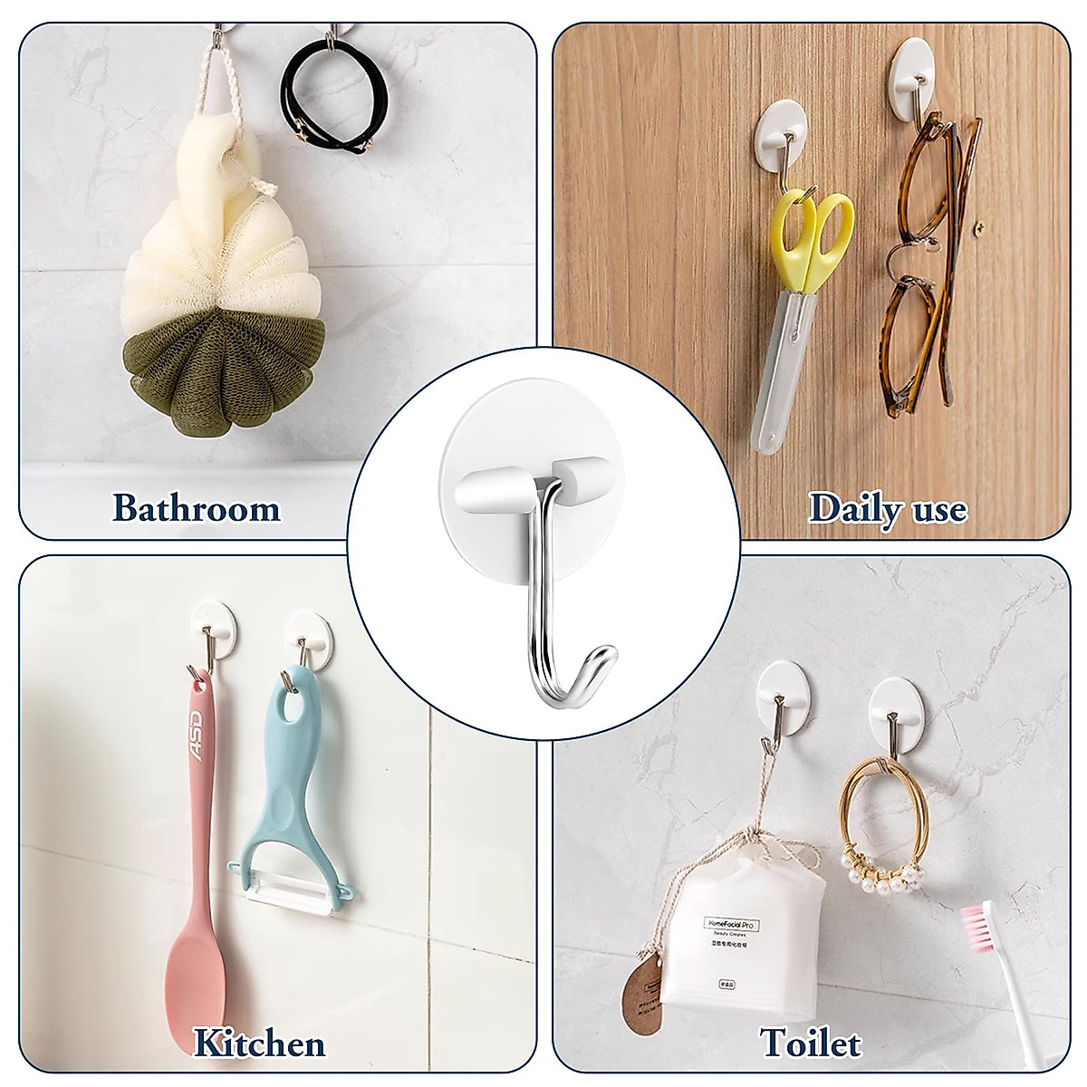24pcs Round Plastic Hooks Ceiling Small Self Stick Hooks for Hanging Wall Hooks White Self Adhesive Hooks Seamless Self Sticky Hook Stainless Hooks Waterproof Oil Proof for Kitchen Hanging Utensils