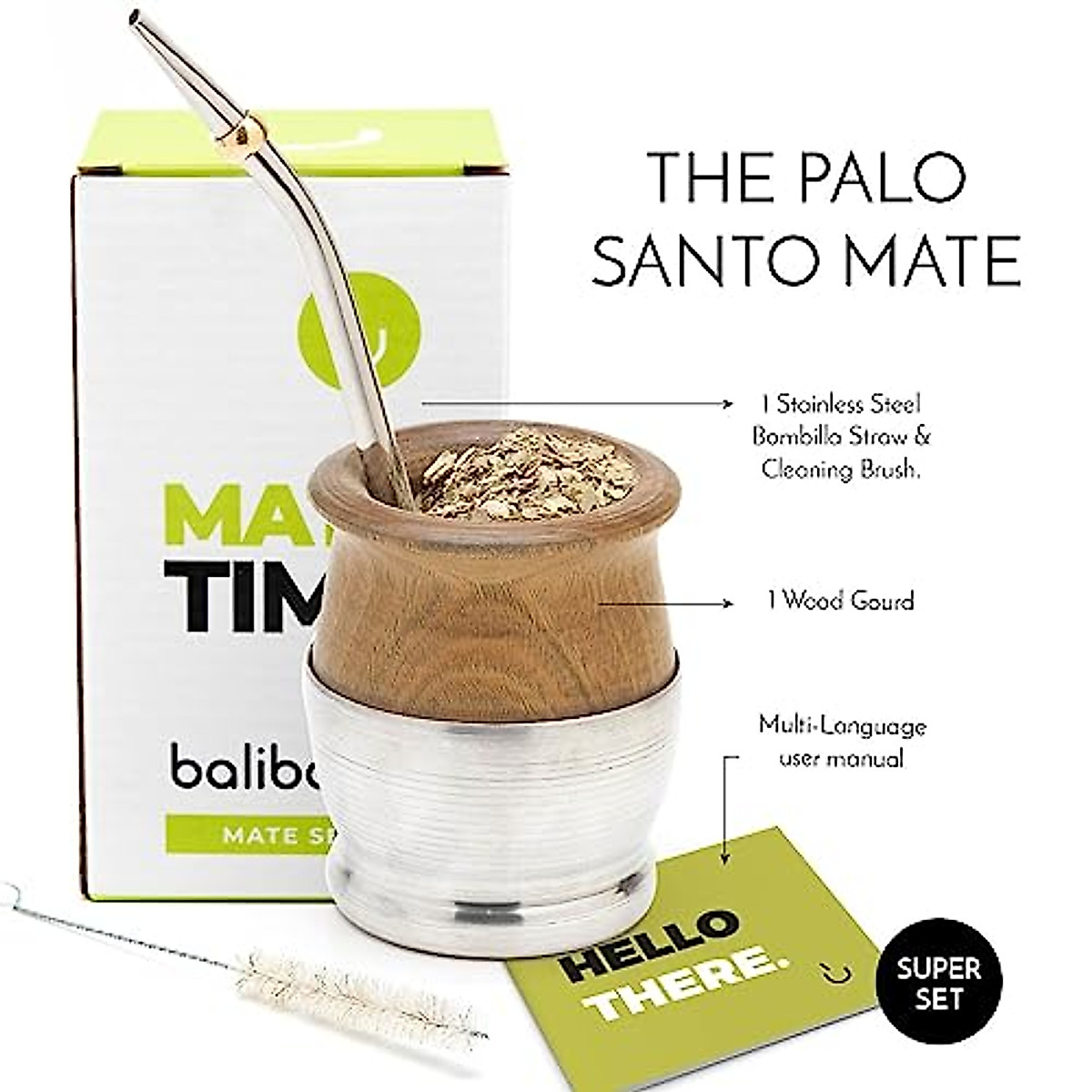 BALIBETOV [New Yerba Mate Wood Gourd Set - Traditional Palo Santo and Aluminum (Mate Cup) with Bombilla (Yerba Mate Straw) (Wood With Aluminum Base)