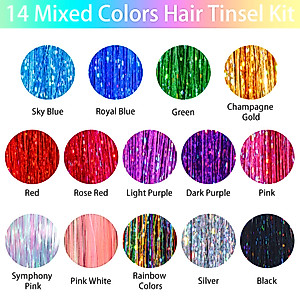 HAUTOCO Hair Tinsel Kit, 2800 Strands 47 Inch Glitter Tinsel Hair Extensions with Tools Fairy Hair Tinsel Kit, Heat Resistant Sparkling Hair Tinsel for Cosplay Christmas New Year Party(14 Colors)