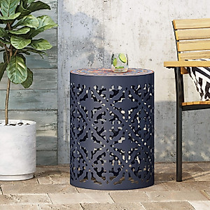 Christopher Knight Home Laurent Outdoor Lace Cut Side Table with Tile Top, Dark Blue