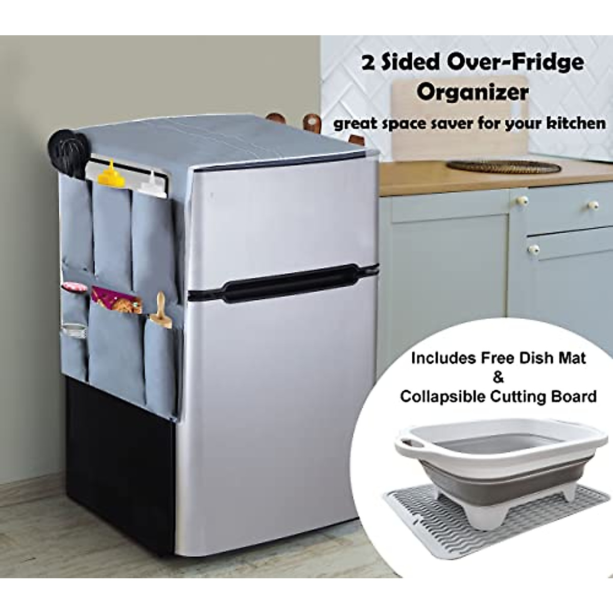 EFP -ALL IN ONE 12 Pocket Dorm & Office Mini Fridge Caddy Organizer - Stores Pantry Items, Cutlery, Utensils, Bottles, Plates, & More For Home, Includes Collapsible Cutting Board & Dish Mat (Grey)