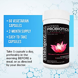 Intelligent Labs Women's Probiotics Formula with Cranberry Extract, D-Mannose and Prebiotics All in one! 6 Billion CFU Probiotic, One Capsule a Day, 2 Months Supply Per Bottle