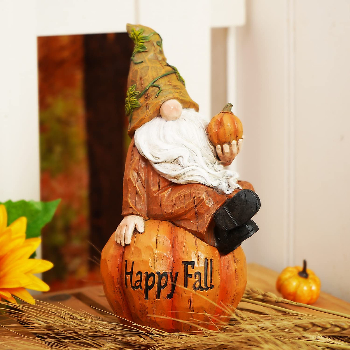 Topadorn Fall Garden Gnome Figurine Sitting on Pumpkin Statue Autumn Harvest Garden Gnomes Statue Figurine for Patio Yard Lawn Porch Decoration，Happy Fall