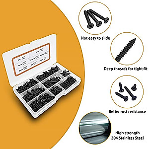 VIGRUE 310 Pcs #6 1/2'' to 1'' #8 1/2'' to 1-1/2'' Wood Screws Black Oxide Coated Stainless Steel Flat Head Phillips Drywall Screw Assortment Kit, Self Tapping Screws Kit in 8 Sizes