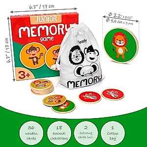 Montessori-Inspired Wooden Matching Game for Toddlers 2-4 Years - Durable, Scratch-Resistant 36 Card Set, Includes Carry Bag - Memory Game for Toddlers 2-4 Years - Cognitive Verbal Skills Development