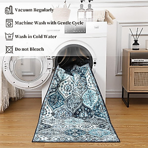 GarveeHome Washable Area Rug Moroccan Trellis Living Room Rug Non-Slip Stain Resistant Accent Rug Vintage Distressed Floral Floor Cover Carpet for Bedroom Laundry Room, 4' x 6', Blue/Grey