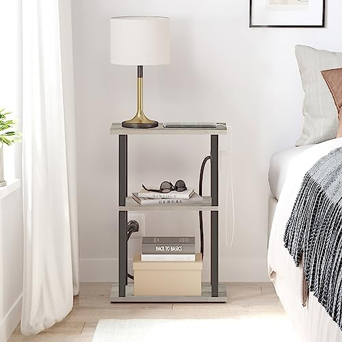TUTOTAK Small Narrow Side Table with Charging Station, Set of 2 Skinny End Table for Small Spaces, Slim Nightstand with USB Ports and Outlet,Sofa Beside Table with Wheels, Greige TB01BG047