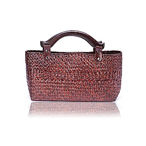 QTKJ Hand-woven Large Retro Straw Handbag Bag Summer Beach Boho Rattan Tote Travel Bag with Wooden Top Handle (Red)