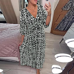WSHEMV Ladies Fall Dresses, Women's Floral Dress 2023 Casual Printed V-Neck Dress with Tunic Waist Ruffle Sleeves 3/4 A Line Bohemian Maxi Dresses Floral Dresses Long Sleeve Winter (M, Black)