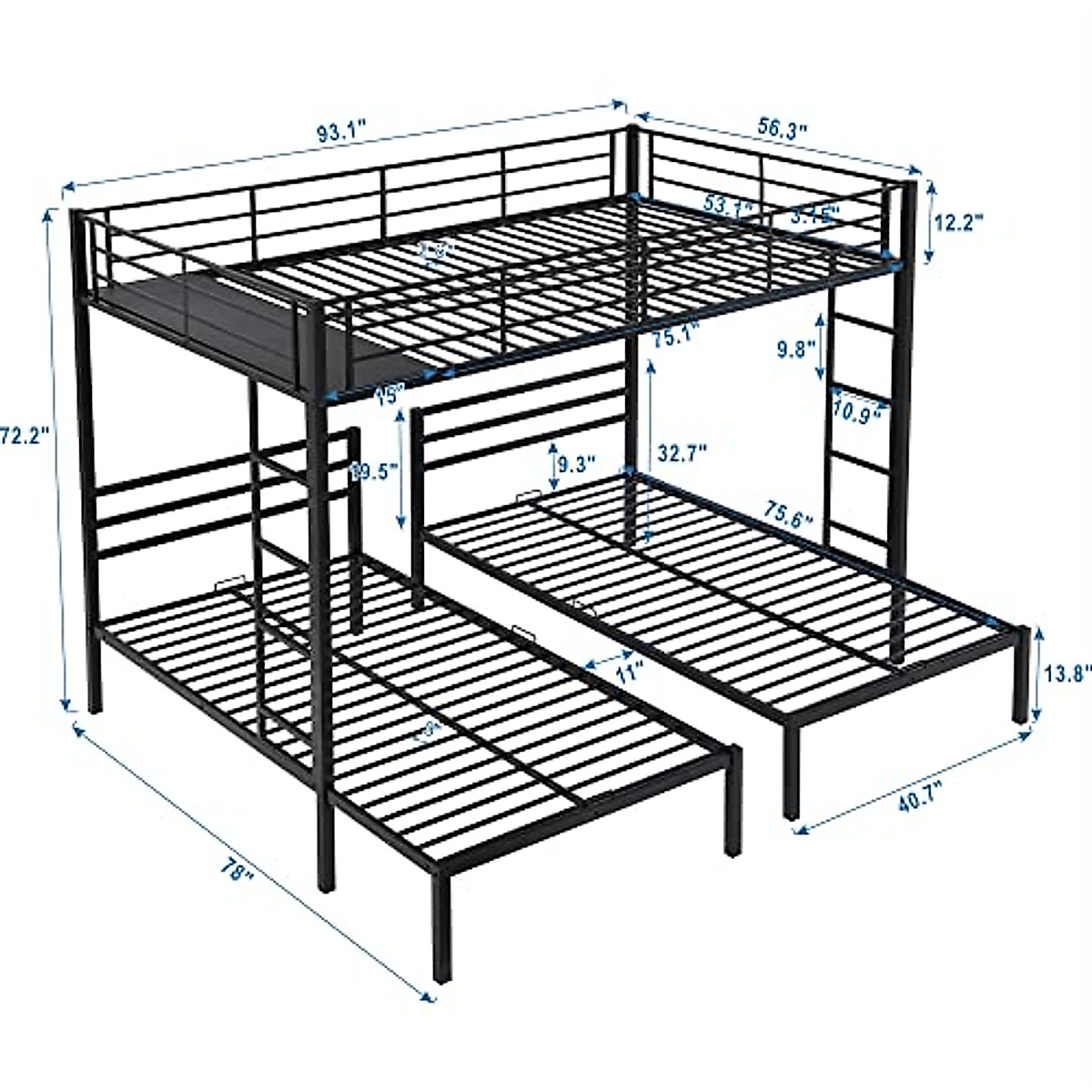DEYOBED Full Over Twin & Twin Metal L-Shaped Triple Bed Bunk Bed with Shelf and Dual Ladders - Functional and Stylish Sleep Arrangement for Kids, Teens, Adults