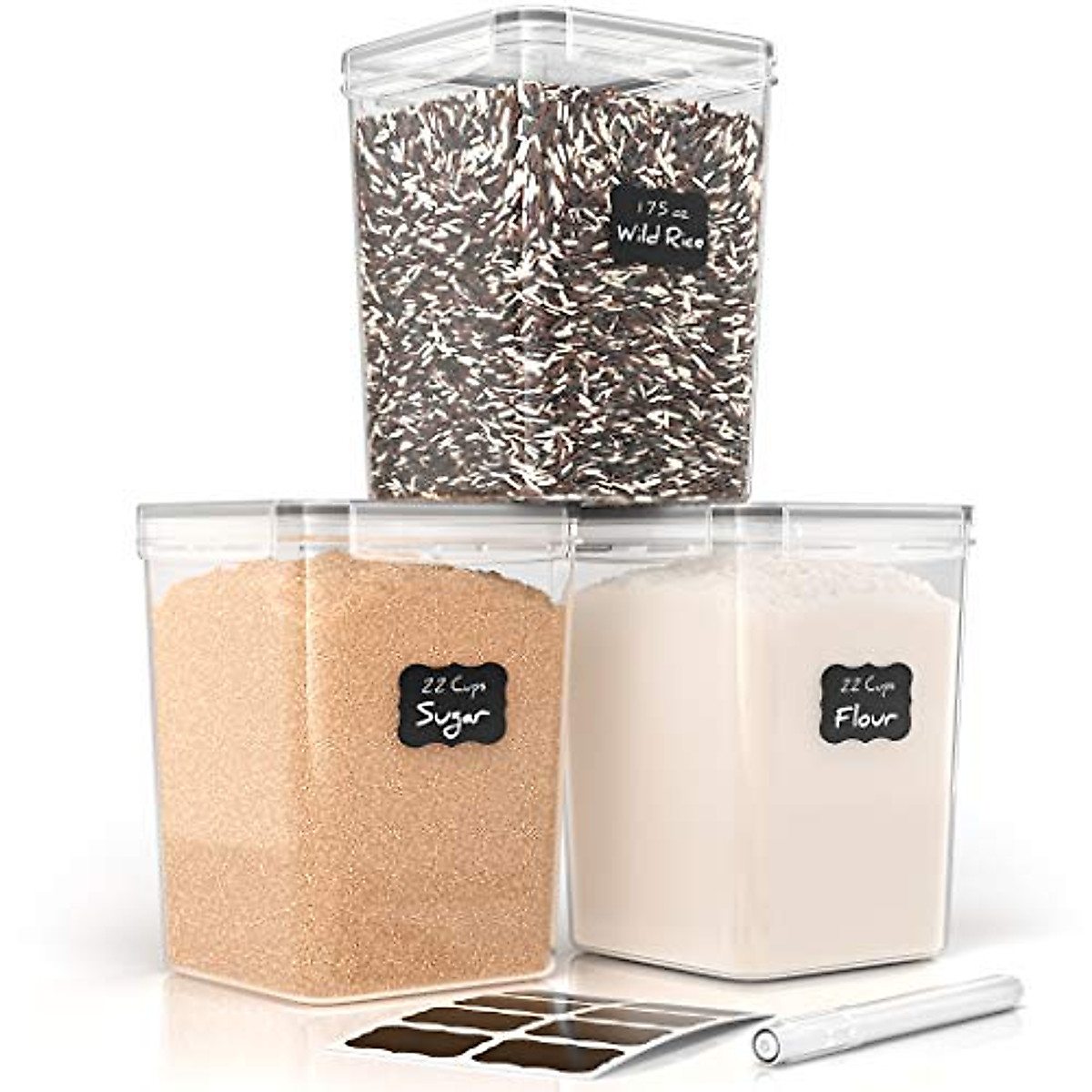 Simply Gourmet Airtight Food Storage Containers - Set of 3 Flour and Sugar Canisters for Pantry Storage and Organization - Marker & Labels Included