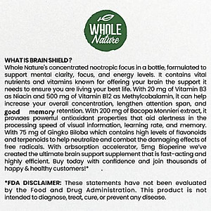 Whole Nature Brain Booster Nootropics - Brain Shield with Ginkgo Biloba, Alpha GPC and Bacopa Monnieri, Vitamin B12, B3 - Support Focus, Memory & Clarity, Energy & Stress Relief. (1)