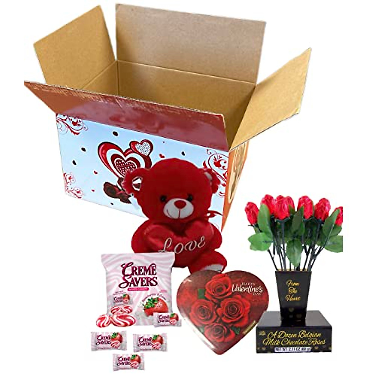 VALENTINE GIFT BASKET SET |10" Teddy Bear Plush (White or Red), Dozen Belgian Milk Chocolate Roses Bouquet, Creme Savers Strawberry and Creme Hard Candy, Elmer Chocolate Rose Flowers Heart Shaped, & Beautiful Custom Valentine Box|