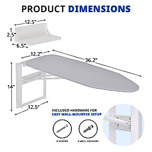 Ivation Wall-Mounted Ironing Board With Storage Shelf, Foldable 36.2” x 12.2”, Fold Down Ironing Station for Home, Apartment &, Easy-Release Lever, Removable Cotton Cover & Dorms, Hardware Included