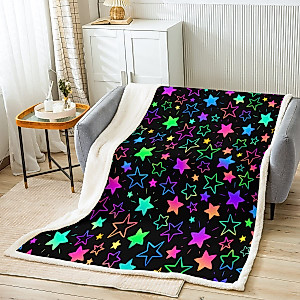 Kawaii Glitter Stars Throw Blanket for Bed Rainbow Glowing Star Fleece Blanket Psychedelic Space Cosmos Travel Blanket Queen Size Colorful Neon Light Star Blanket Girls Cute Fuzzy Blanket Cozy