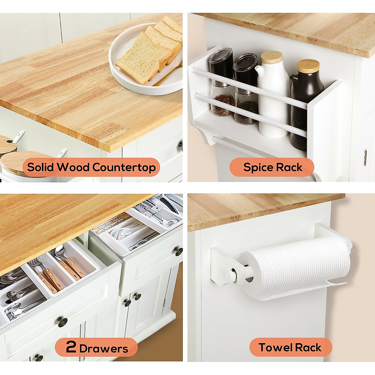 TUSY 43" Kitchen Island with Storage, Rolling Kitchen Cart with Lockable Wheels, Solid Wood Tabletop Kitchen Island Table for Kitchen, Living Room, White