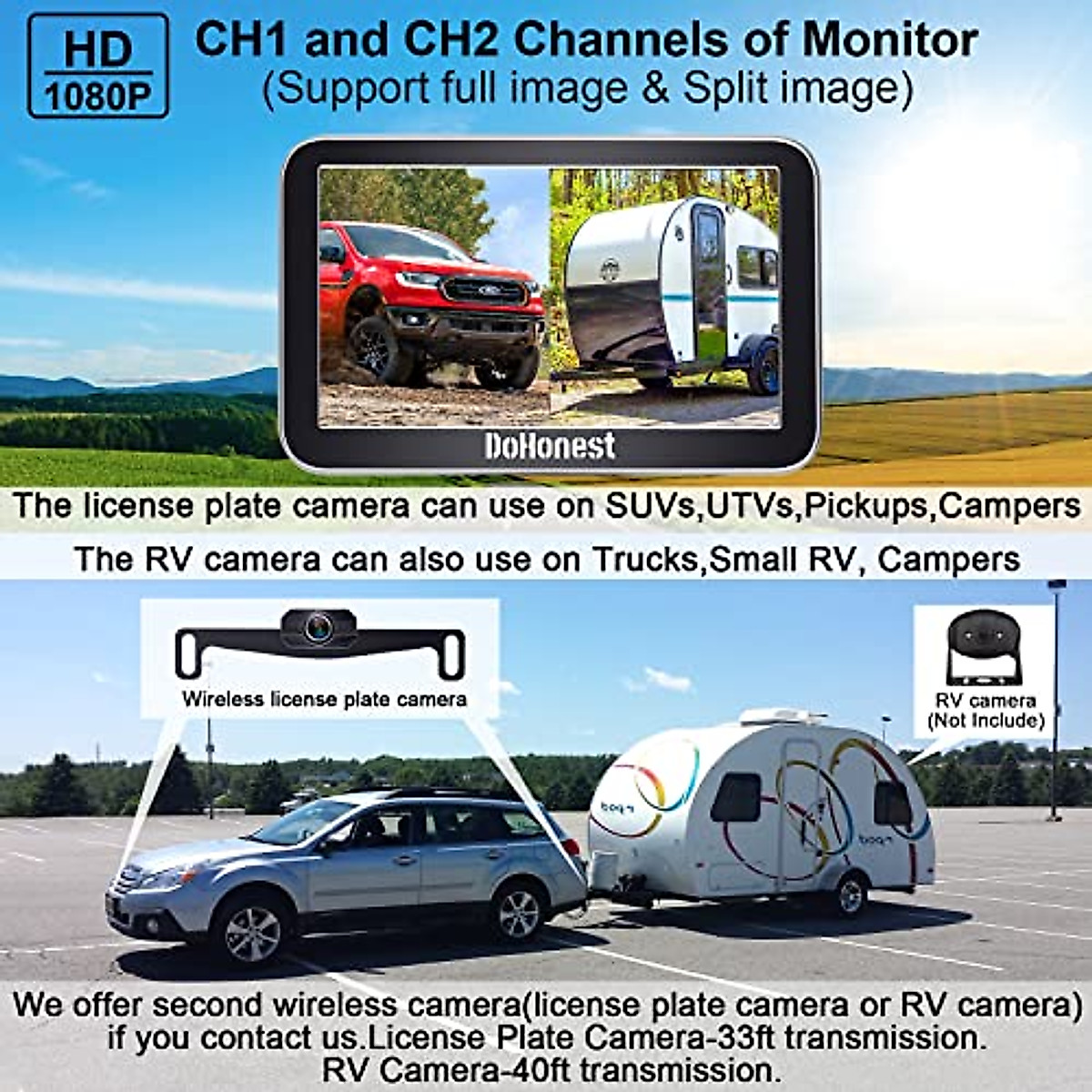 DoHonest Wireless Backup Camera for Trucks Car Pickup Camper Van with 7 Inch Monitor System, HD 1080P Bluetooth Backup Camera 2.4G Stable Digital Signals, Support Add Second RV Rear View Camera-V29