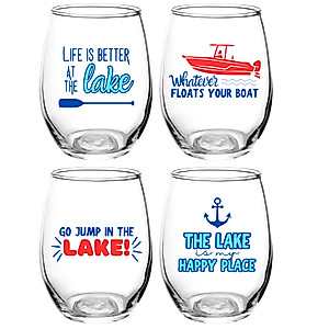 Needzo Shatterproof Stemless Wine Glasses for Lake House, Cute Funny Unbreakable Cups for Pool, Beach, Vacation, 4.5 Inches, Set of 4