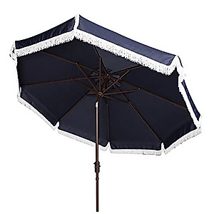 Safavieh PAT8008A Collection Milan Fringe Navy and White 9Ft Crank Outdoor Push Button Tilt Umbrella