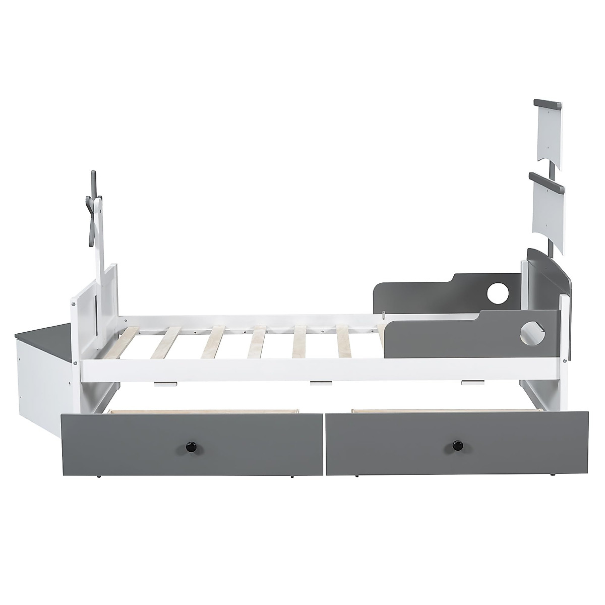 Merax Kids Cute Boat-Shaped Platform Beds Frame with Drawers, Wood Low Daybed with Ottoman for Boys,Girls, No Box Spring Need (Twin, White+Gray)