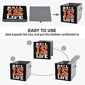 Basketball is Life PU Leather Collapsible Storage Bins Canvas Cube Organizer Basket with Handles
