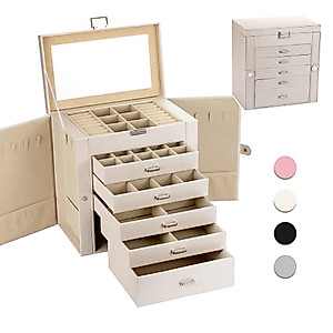 Large Jewelry Box Organizer Mirrored for Women 6 Layers Jewelery Orgainise Boxes with PU Leather,Tall White Black Jewellery Organize for Gift