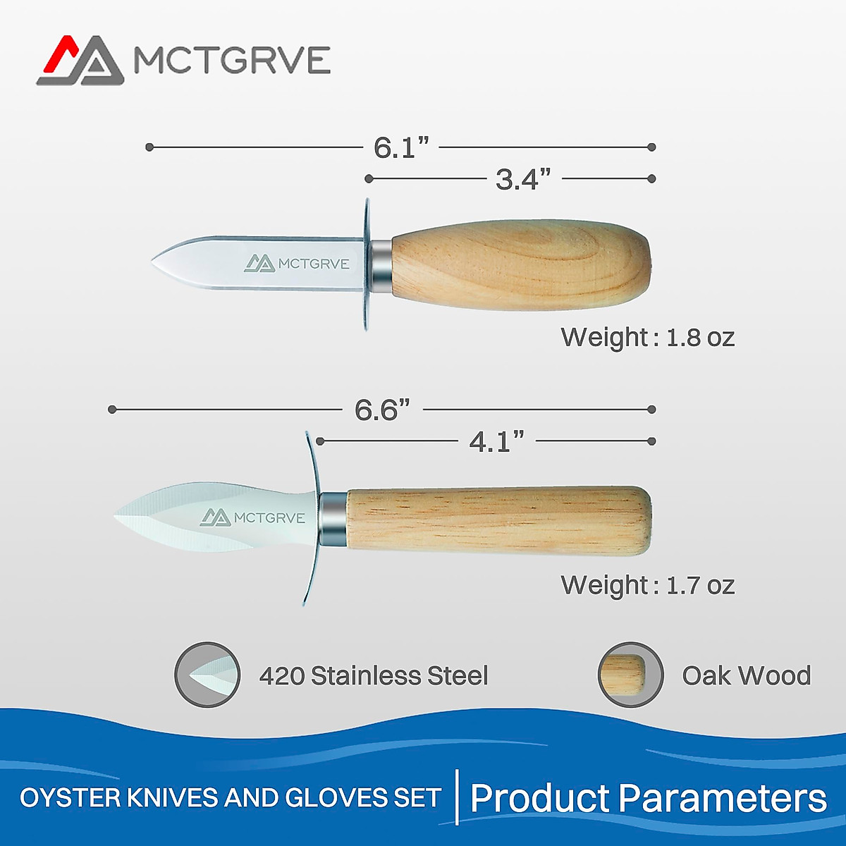 MCTGRVE Oyster Shucking Knife and Glove Set -Oyster Shucker Kit with 2pcs Oyster Knife 1pair of Level5 Protection Gloves 1pc Kitchen Cloth-Seafood Opener Tools in a Storage Bag (black) Great Gifts