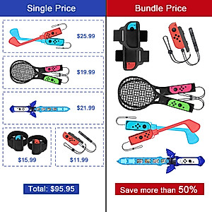 JOYTORN Switch Sports Accessories Bundle,Switch Accessories Kit with Ring Fit Leg Straps,Just Dace Wrist Bands,Mario Golf Super Rush Joycons Grips,Mario Tennis Rackets and Zelda Skyward Sword(9in1)