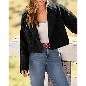 BTFBM 2023 Women's Fashion Fuzzy Fleece Short Jacket Fall Winter Lapel Button Down Outerwear Long Sleeve Faux Fur Coat(Solid Black, Medium)