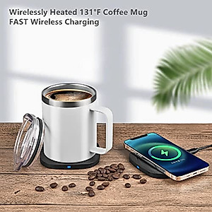 Coffee Mug Warmer & Mug Set,Self Heating Mug with Wireless Smart Charging,304 Stainless Steel Mug with Lid 12 oz,Perfect for Desktop Home Office,Gift for Coffee Lovers, Keeps Up to 131°F/55°C (Black)