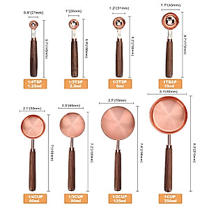 Kitchen Rose Gold Measuring Spoons and Cups Tool Set 8 piece, Dual Scale Unit, Walnut Wood Handle, Stainless Steel Mirror Polished for Dry and Liquid Ingredients Kitchen Cooking Baking Set