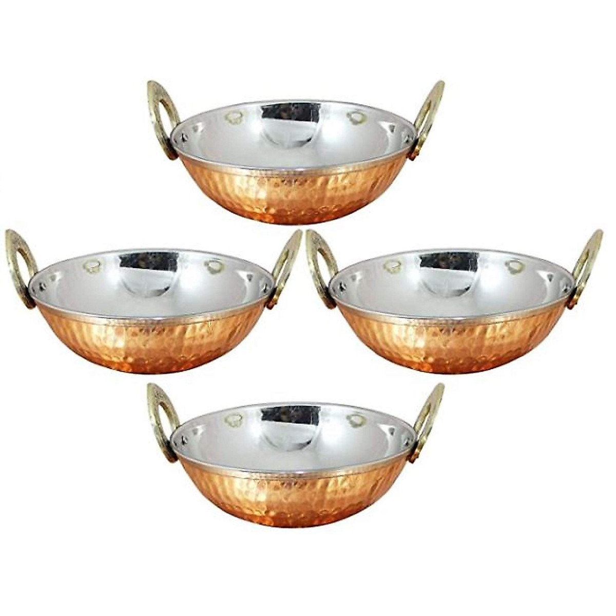 Nexxa -Set of 4, Indian Copper Serveware Karahi Vegetable Dinner Bowl with Handle for Indian Food, Diameter 13 Cm Approx