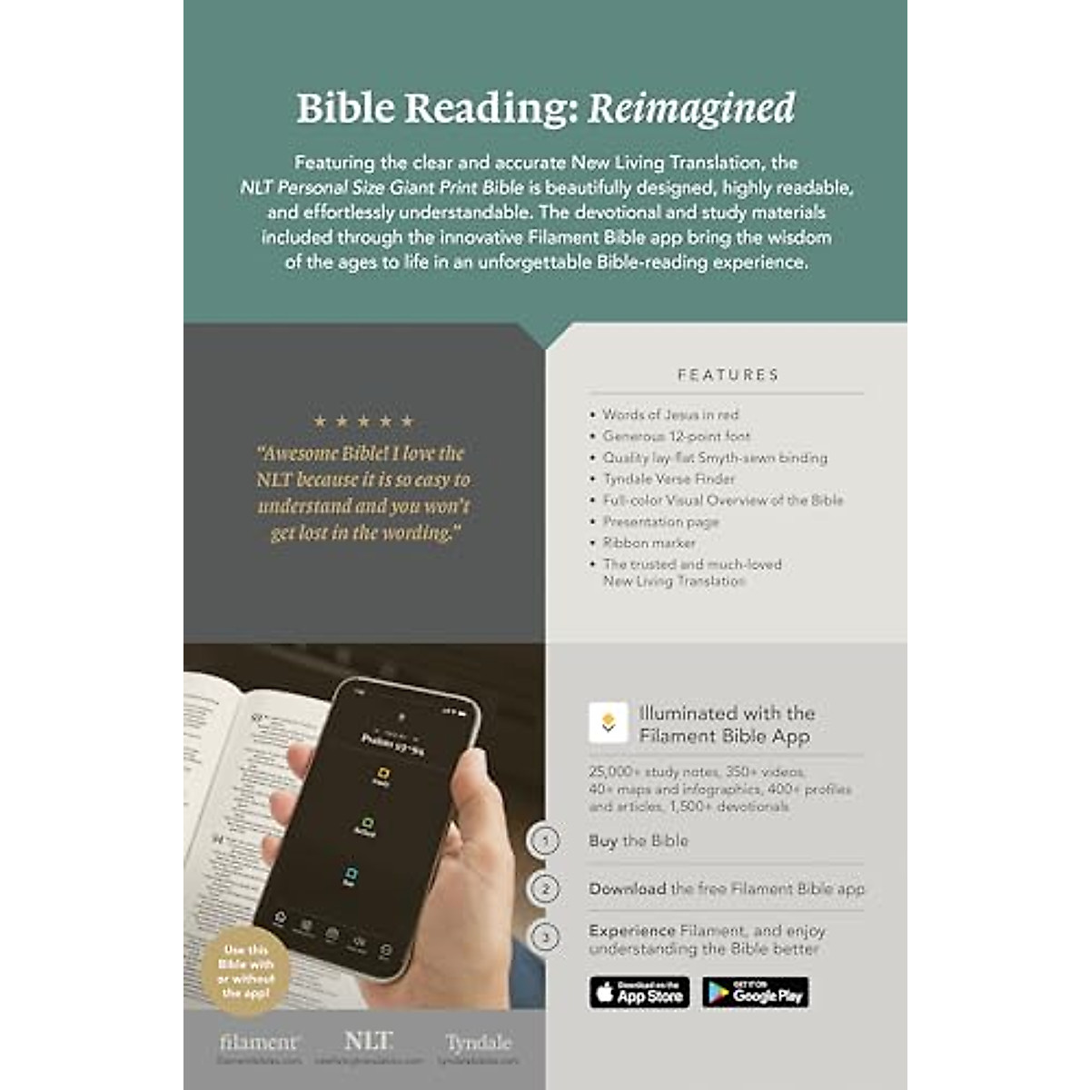 NLT Personal Size Giant Print Bible, Filament-Enabled Edition (LeatherLike, Black/Onyx, Indexed, Red Letter): Includes Free Access to the Filament ... Notes, Devotionals, Worship Music, and Video