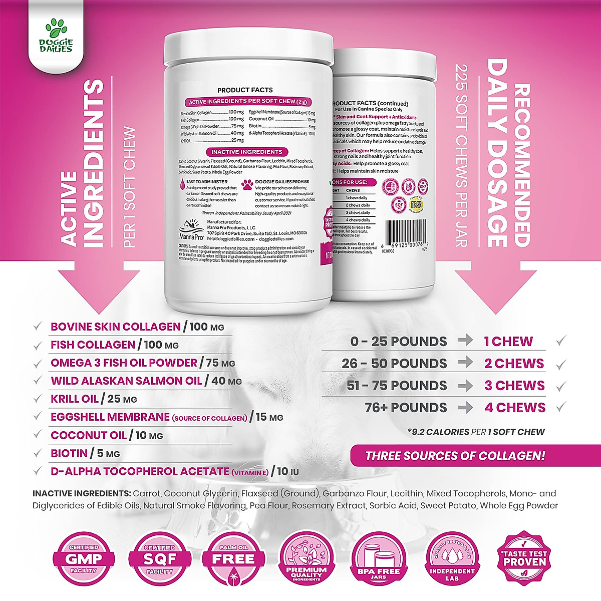 Doggie Dailies Skin & Coat Supplement + Antioxidant Support, 225 Soft Chews, Salmon Oil for Dogs Skin and Coat with Collagen, Omega 3, Krill Oil, Biotin, & Coconut Oil for Dogs (Salmon)