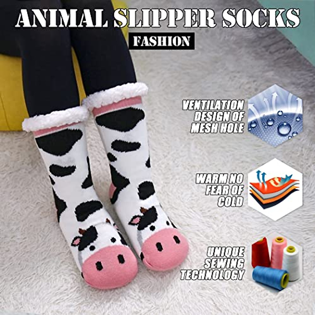 TRUEHAN Slipper Socks for Womens with Grippers Non Slip Winter Warm Fuzzy Fluffy Home Socks (White Cow)