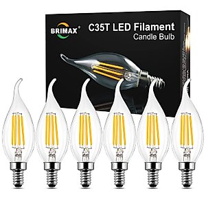 BRIMAX Dimmable E12 LED Chandelier Light Bulbs, 4W to Replace 25W/40W Candelabra Base Bulb, 2700K Soft Warm White, C35T Small Base Vintage Type B Light Bulb, Flame Tip, for Indoor and Outdoor, 6 Pack