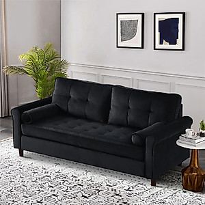 61.5-inch Small Black Couch, Comfy Velvet Upholstered Black Loveseat muebles para la sala Mid-Century Modern Couches Love Seat Mini Sofa for Bedroom Living Room Office Furniture for Small Spaces