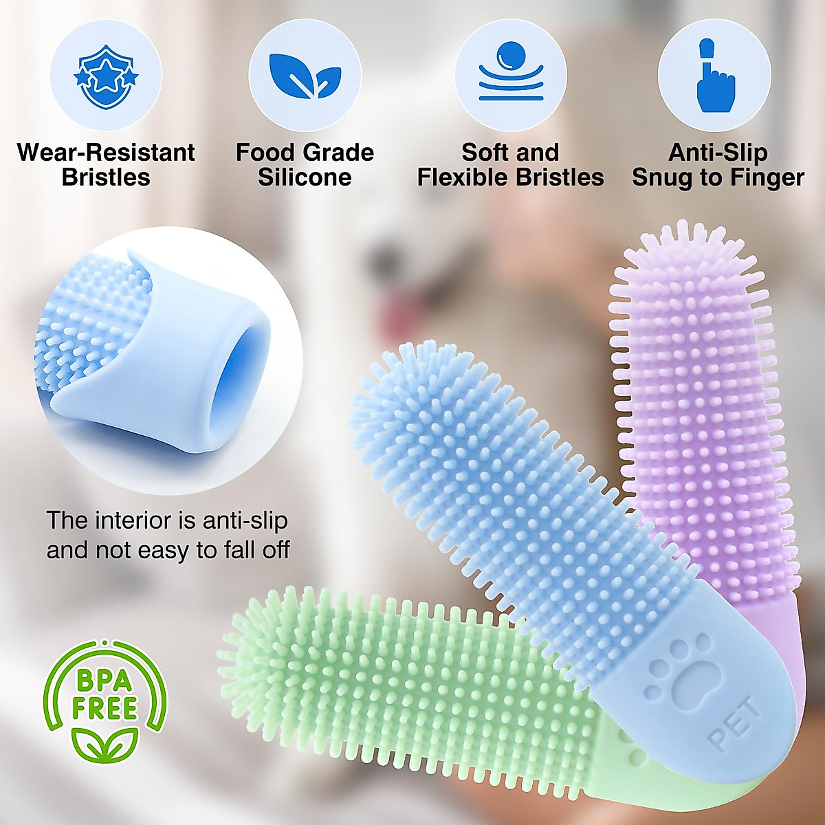 Wellavich Dog Finger Toothbrush, 3Pack Dog and Cat Dental Care Pet Toothbrush, 360° Bristles Clean Teeth, Upgraded Full-Length Bristles, Food Grade Silicone, Finger Toothbrush Kit for Pet Dental Care