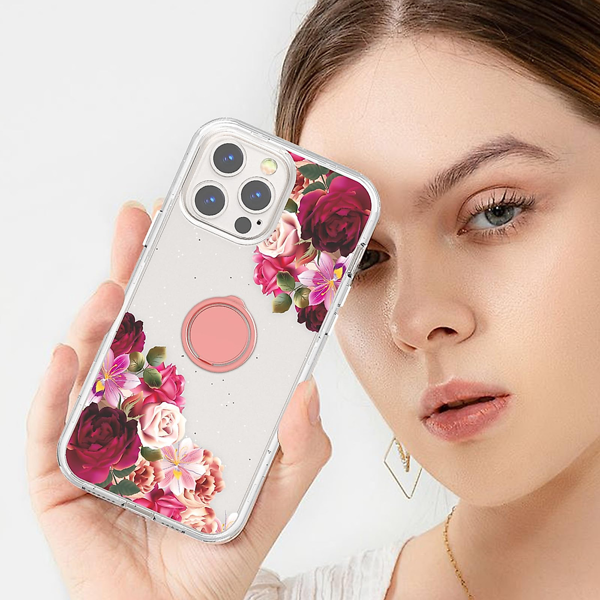 ACKETBOX for iPhone 13 Pro Max Case,with Screen Protector & Camera Lens Protector+Ring Bracket,Floral Phone Cover Designed for iPhone 13 Pro Max(Big Red Flower 01)