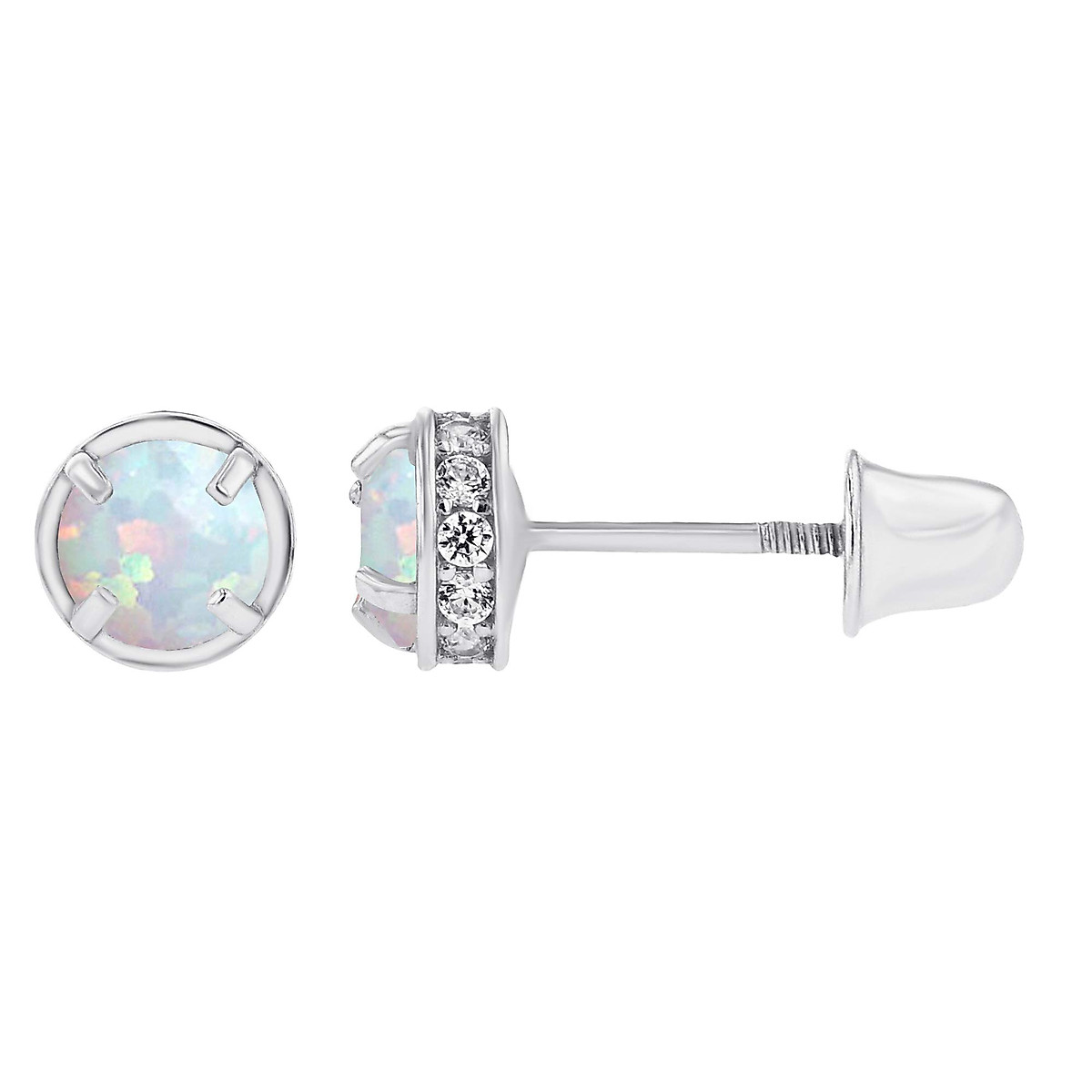 Solid 14K White Gold 4mm Created Opal October Birthstone Screwback Stud Earrings For Women | 5mm Basket Earrings | 1mm Created White Sapphire Screwback Earrings For Women