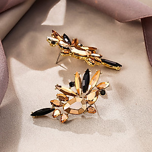 EVER FAITH Crystal Fashion Statement Earrings, Art Deco Marquise Teardrop Cluster Bling Colorful Dangle Earrings for Women Champagne Gold w/Black Gold-Tone