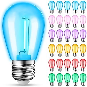 JAHEKS 30-Pack Colored String Light Bulbs, S14 LED Replacement Bulbs for Outdoor String Lights, Patio Light Bulbs, 1W E26 Base for Christmas Halloween,Holiday Lighting,Home Decor