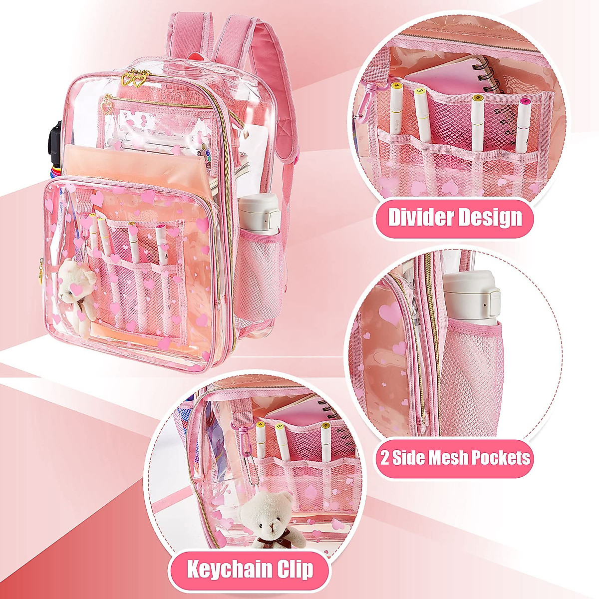 Eccliy 3 Clear Backpack Stadium Approved Backpack Kids Backpacks for Girls Boys First Grade Backpack for Girls Boys (Pink Heart,11 Inch)