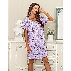 ENJOYNIGHT Sleepwear Women's Nightgown Printed Sleep Shirt Short Sleeve Sleep Tee Cotton Nightshirt (Purple,1X-2X)