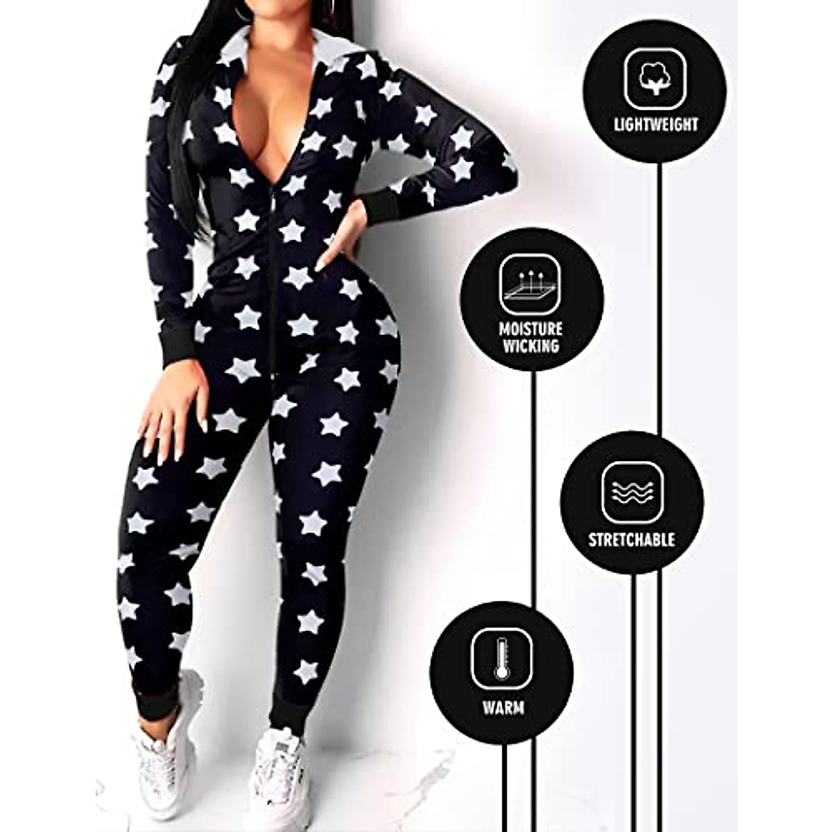 Ekouaer Christmas Onesie Women Sexy Pajamas Zipper Halloween One Piece Bodycon Outfit Jumpsuit Costume Star Print XXL