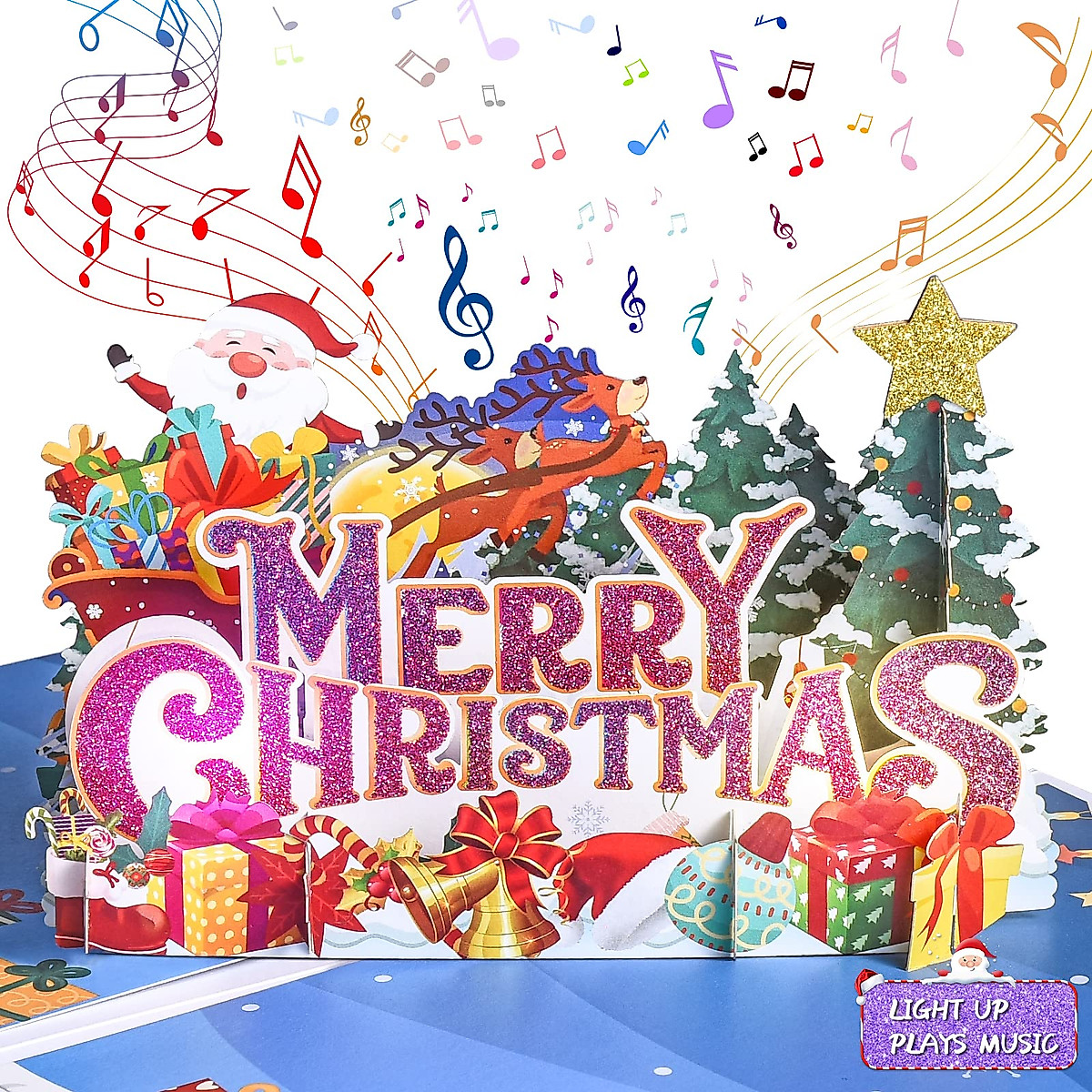 Venhoo Musical Christmas Card, 3D Christmas Pop Up Cards with Lights and Music of Merry Christmas, Double-Sides Pattern Design Holiday Greeting Card for Christmas Winter