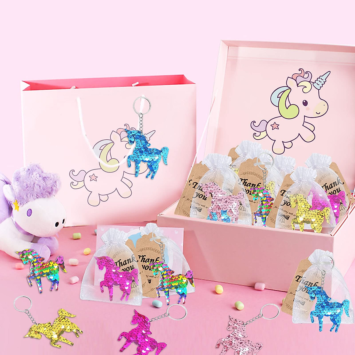 CiciBear 60 Pack Double-Deck Unicorn Sequin Keychain Set with 20 Unicorn Keychains, 20 Thank You Tags and 20 Gift Bags for Forest Animal Party Favor, Kids and Adult Birthday, Baby Shower, 5 Colors