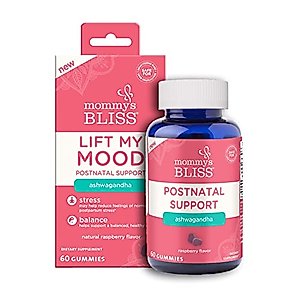 Mommy's Bliss Lift My Mood Postnatal Support Ashwagandha, May Reduce Stress & Support a Balanced Healthy Mood, Vegan, Delicious Rasberry Flavor, 60 Gummies (30 Servings)