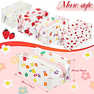 Henoyso 4 Pcs Clear Small Makeup Bag with Zipper Cute Flower Daisy Heart Strawberry Cosmetic Bags Transparent Makeup Pouch Cartoon Pencil Case Waterproof Toiletry Organizer for Travel