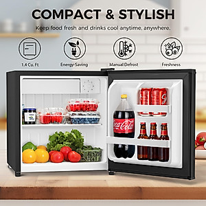 Antarctic Star Compact Refrigerator Mini Fridge with Freezer, Single Reversible Door, Dorm Fridge, Removable Glass Shelf, Defrost Button, for Bedroom, Office, Garage, 1.4 Cu. Ft, Black